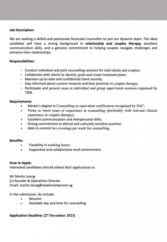 Job Opportunities – Singapore Association for Counselling